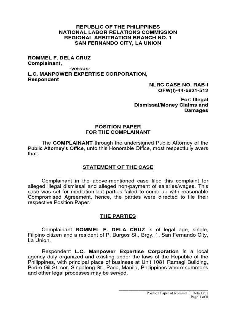 Position Paper (Leg Writ.) | PDF | Complaint | Employment