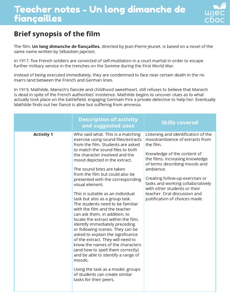 Un Long Dimanche de Fiançailles Teacher Notes - French | PDF ...
