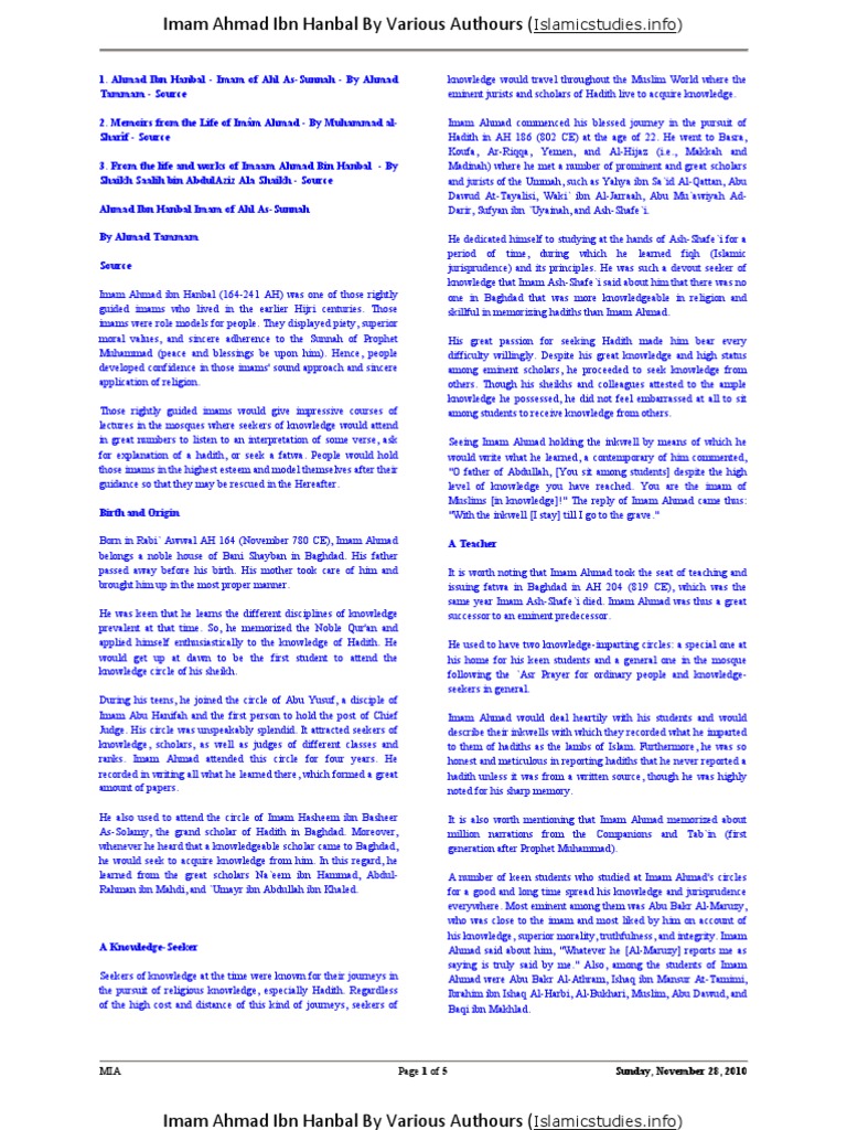 Imam Ahmad Ibn Hanbal by Various Authours | PDF | Hadith | Abrahamic ...