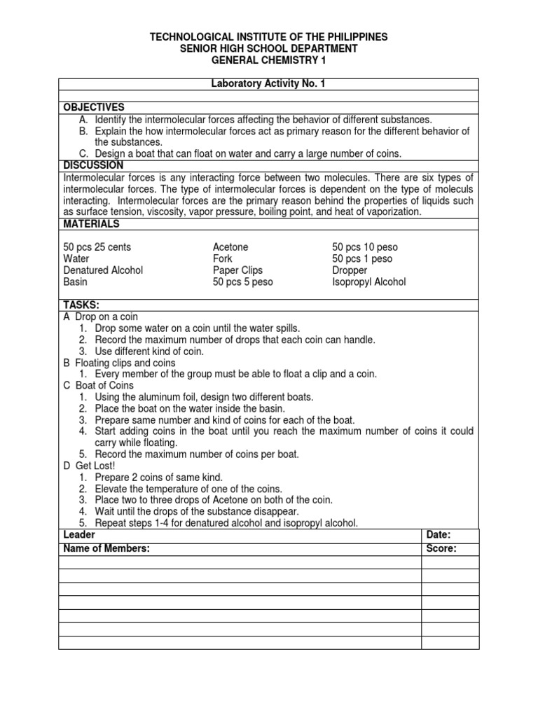 EXPERIMENT No.1 Template | PDF | Intermolecular Force | Liquids