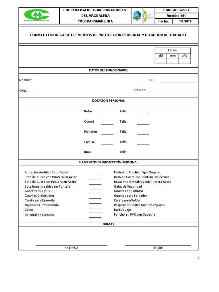 Formato Entrega EPP y Dotacioìn Del Trabajo | PDF | Ropa | Moda
