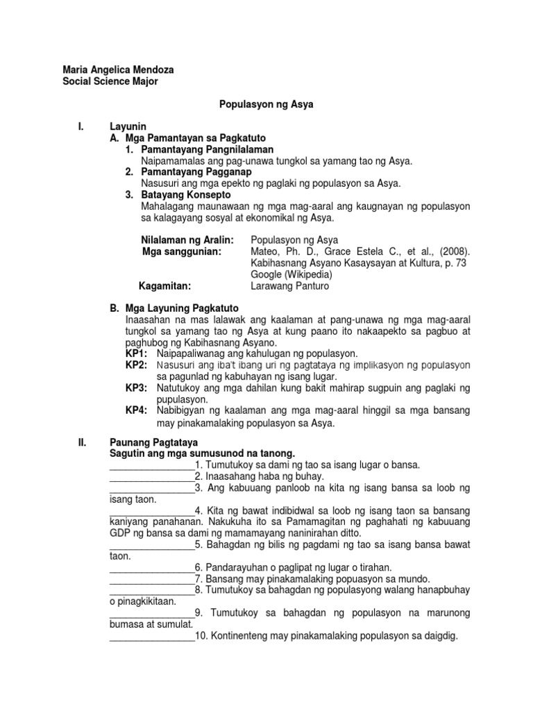 Lesson Plan Populasyon Sa Asya | PDF