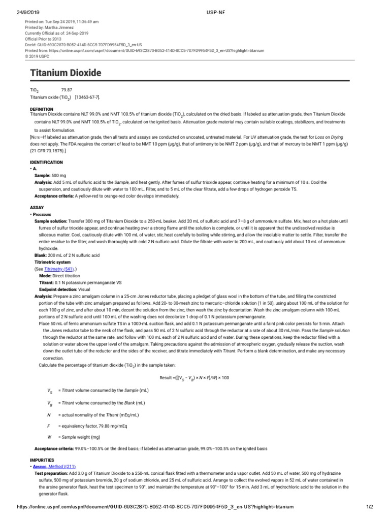 Dioxido de Titanio Monografía USP | PDF | Sulfuric Acid | Titanium Dioxide