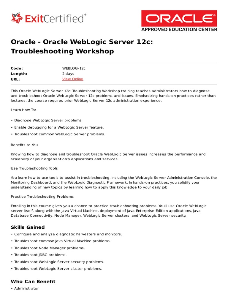 Oracle Weblogic Server 12c Troubleshooting Workshop Pdf System Administrator Oracle 