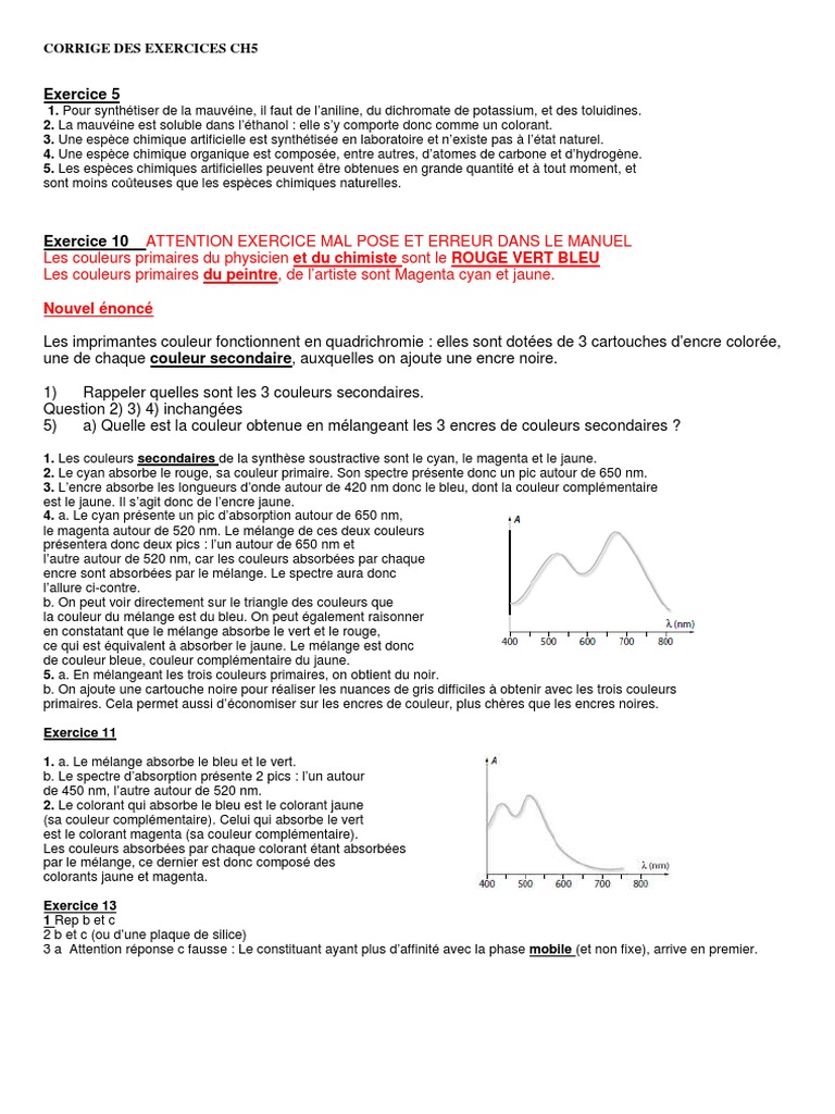 1s Chim Ch5 Correction Des Exos | PDF | Couleur | Jaune