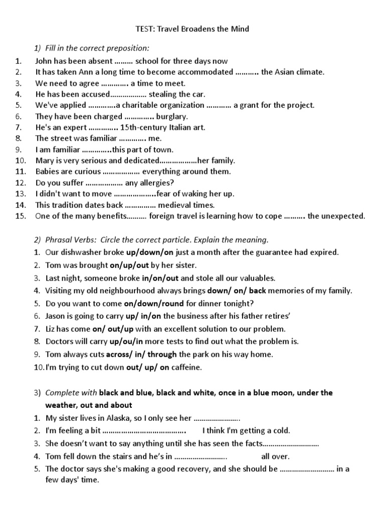 TEST Prepositions Phrasal Verbs Idioms | PDF | Language Arts & Discipline