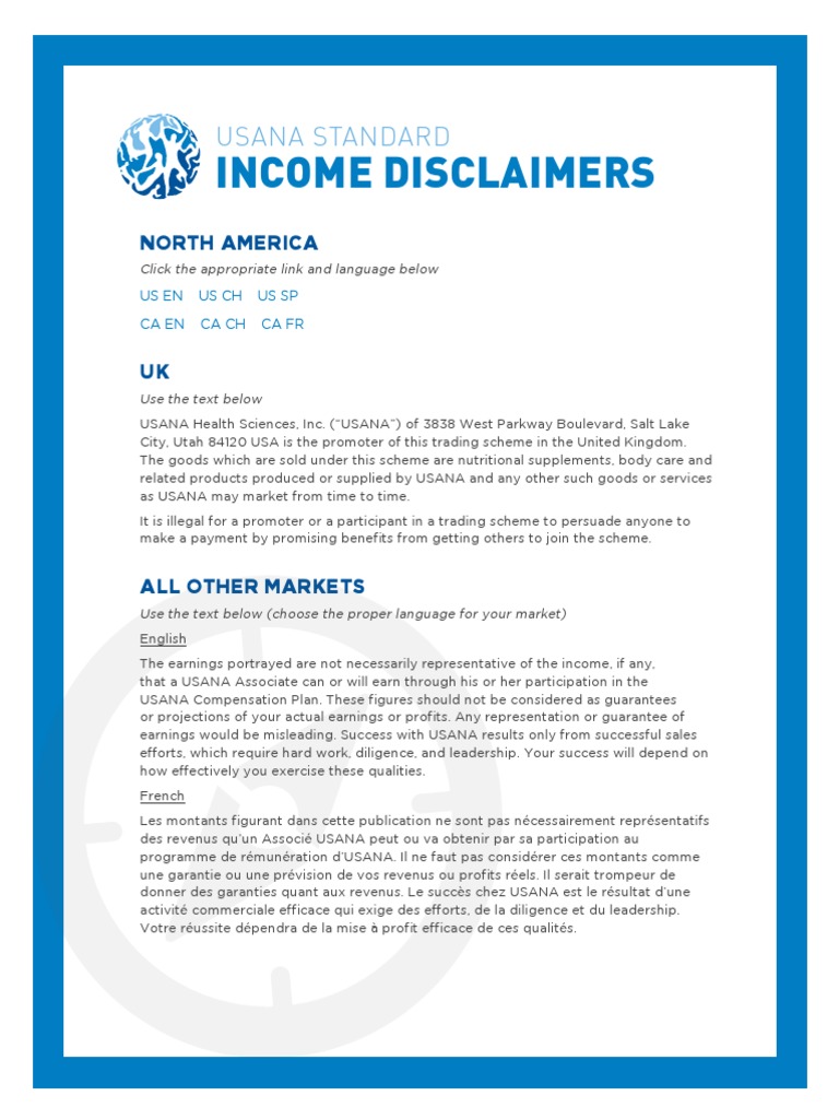 USANA Income Disclaimers | PDF | Dietetics | Dietary Supplements