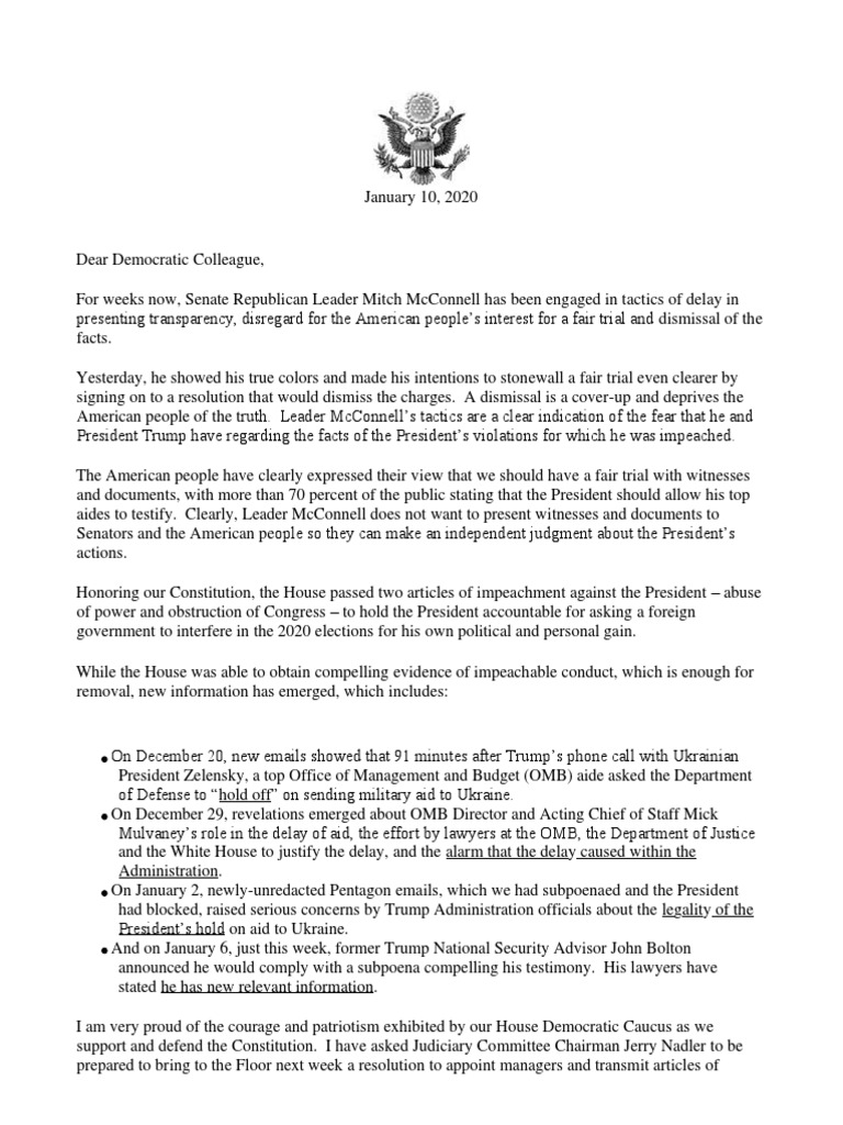 Pelosi Letter On Articles of Impeachment | PDF | Presidency Of Donald ...