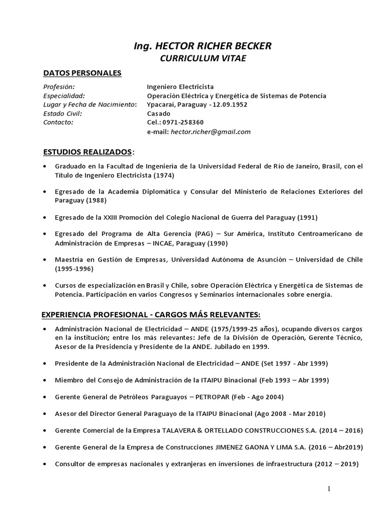 CV Ing. Hector Richer Becker - Enero 2020 | PDF | Paraguay | Brasil