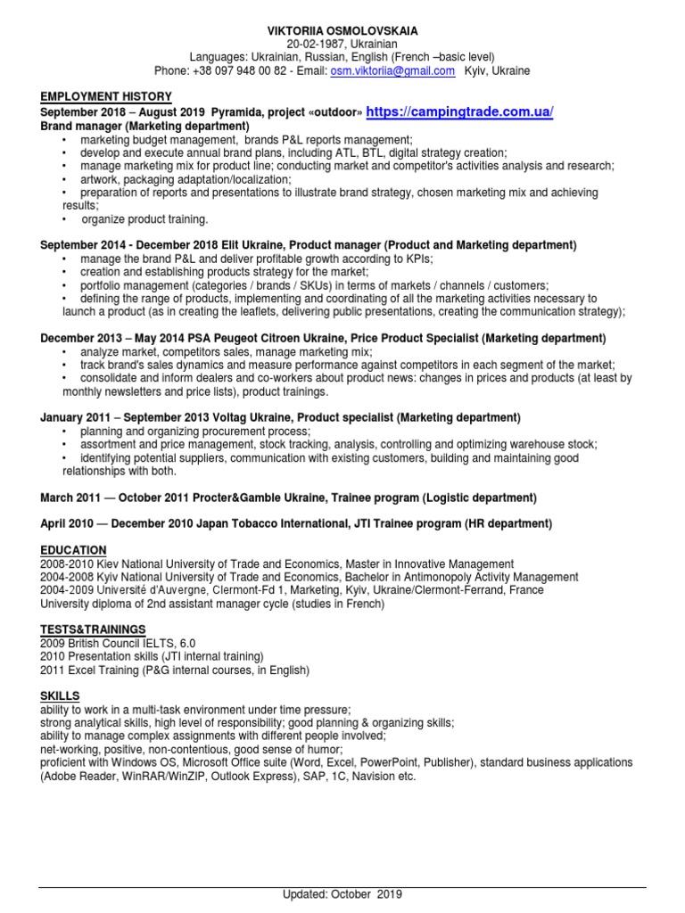 CV - Osmolovska Viktoriia - 102019 | PDF | Brand | Marketing