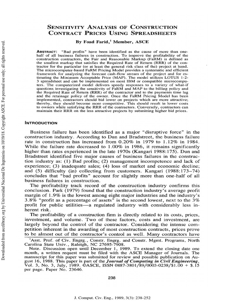 Sensitivity Analysis of Construction Contract Prices Using Spreadsheets ...