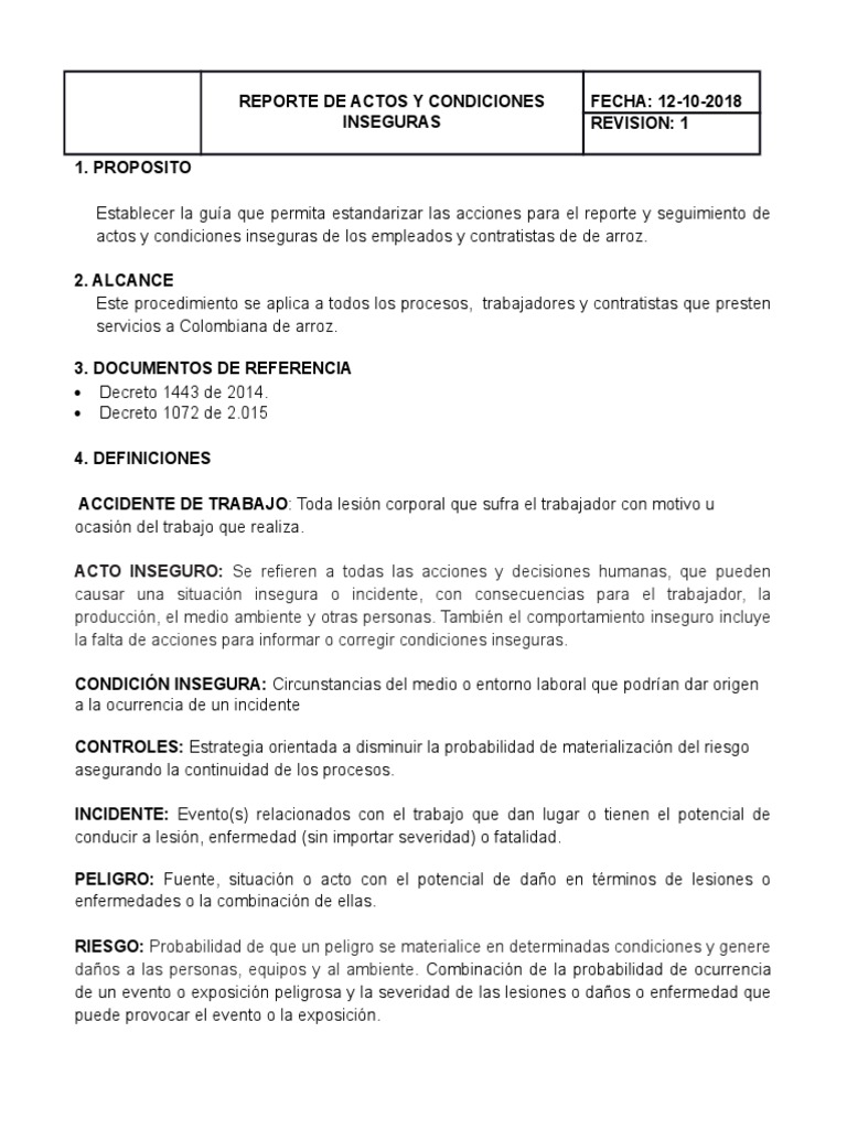 Procedimiento Reporte de Actos y Condiciones Inseguras | PDF | Riesgo ...