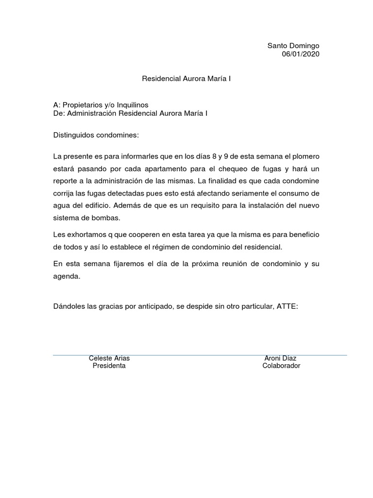 Carta Arreglo Tuberias Por Apto | PDF