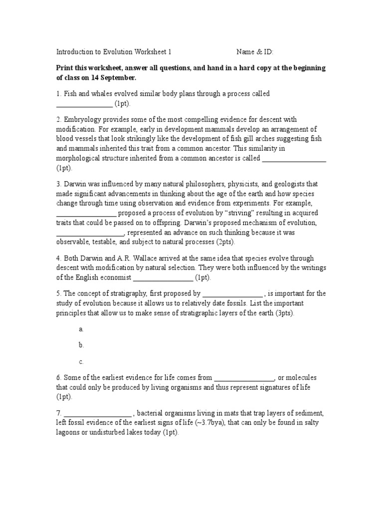 Introduction To Evolution - Worksheet - 1 | PDF | Charles Darwin ...