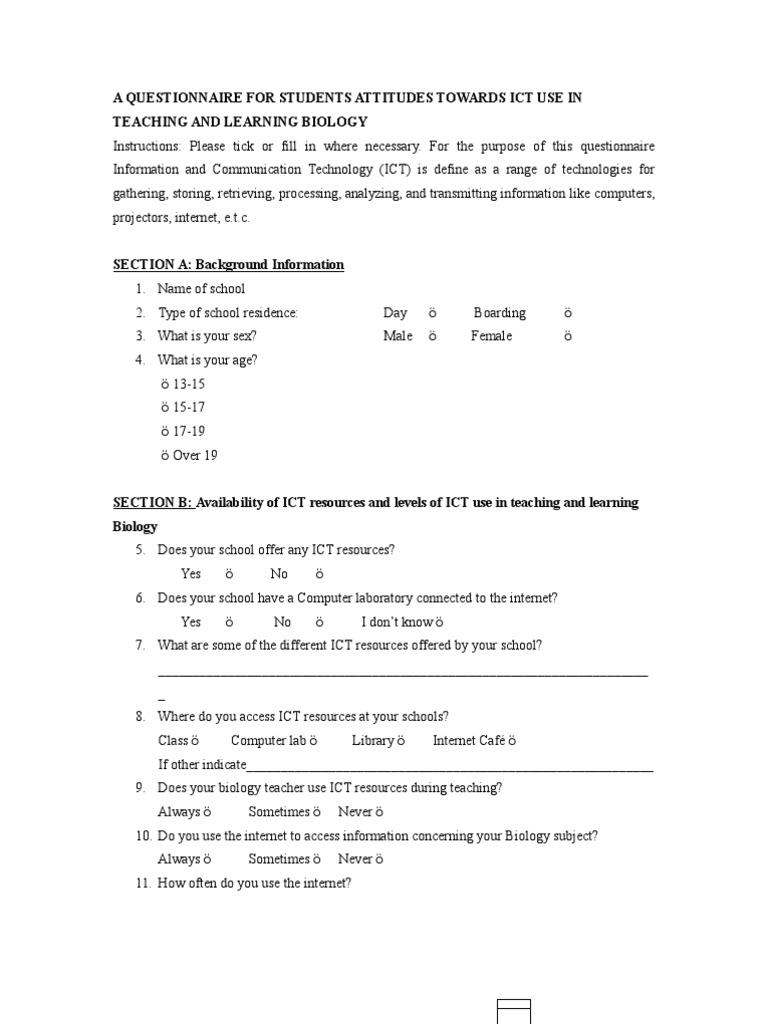 A Questionnaire | Educational Technology | Internet