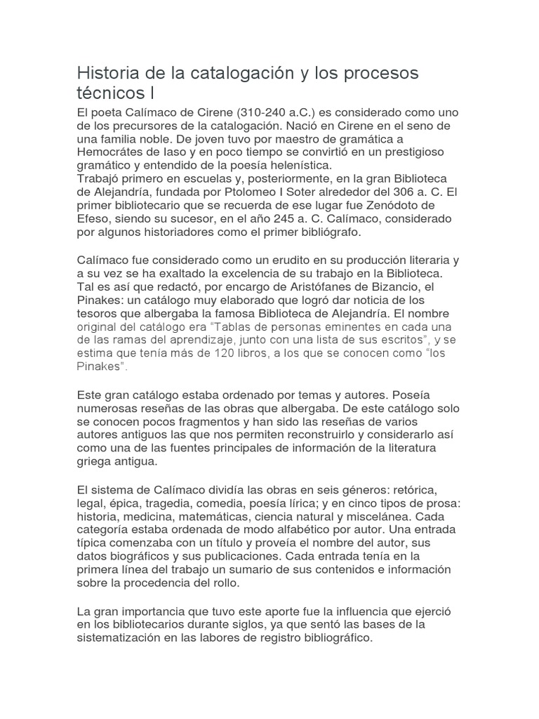 Historia De La Catalogación Y Los Procesos Técnicos I Pdf Ciencias