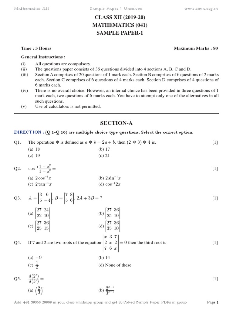 Maths sample paper 2020 | Mathematical Concepts | Physics & Mathematics ...