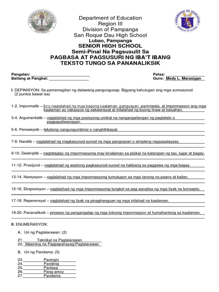 Semi-Pinal Sa Pagbasa at Pagsuri With Answer | PDF