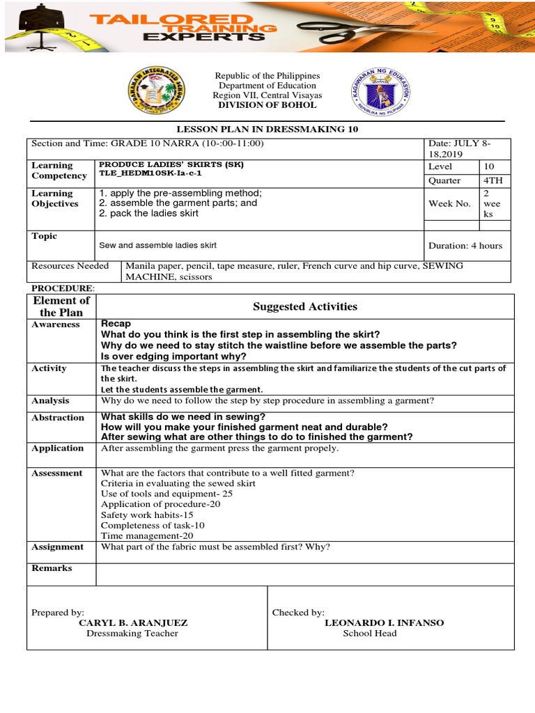 Sew and Assemble Ladies Skirt Lesson Plan | PDF | Sewing | Lesson Plan