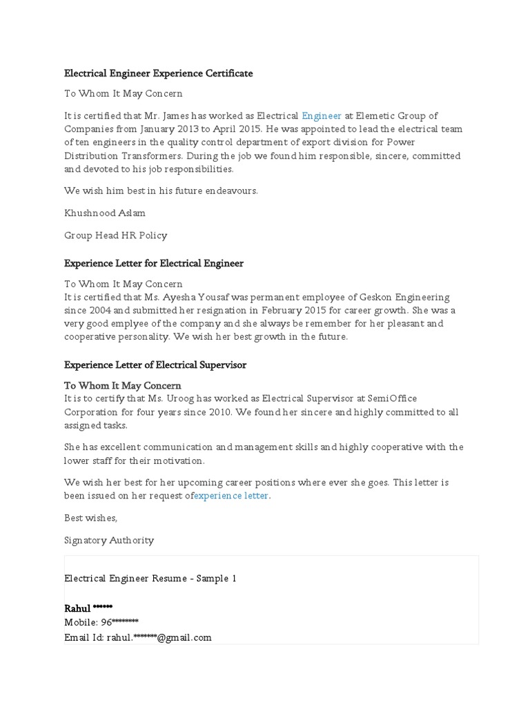 Electrical Engineer Experience Certificates | PDF | Quality Assurance ...