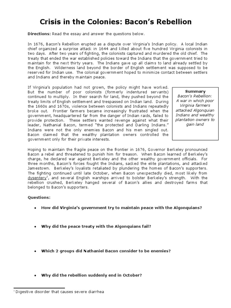 Ch.3 L4. Bacons Rebellion Reading Comprehension | PDF | British ...