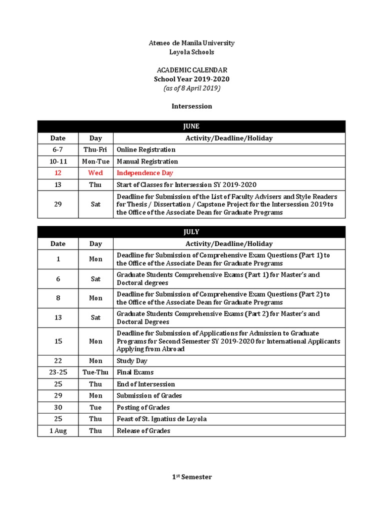 ADMU Academic Calendar 2019-2020 | PDF | Graduate School | Thesis