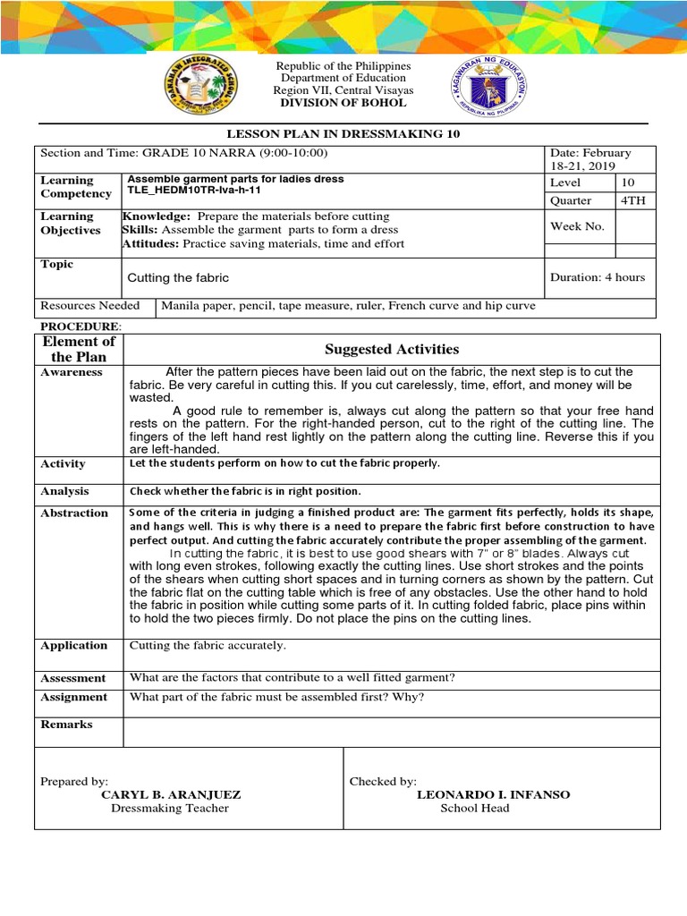 Cutting The Fabric | PDF | Lesson Plan | Clothing