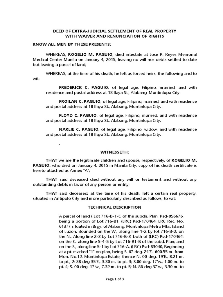 Deed of Extra-Judicial Settlement of Rea | Download Free PDF | Property ...