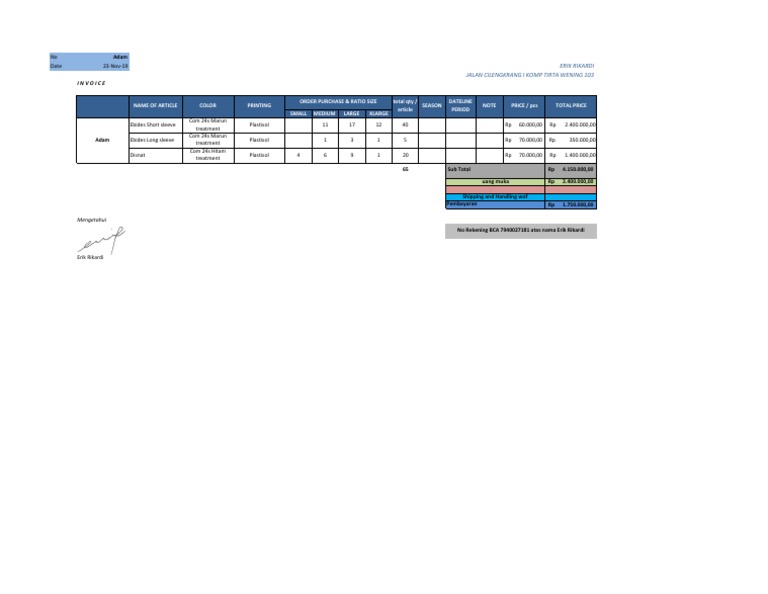 Contoh Nota Konveksi Baju 2 Artikel | PDF