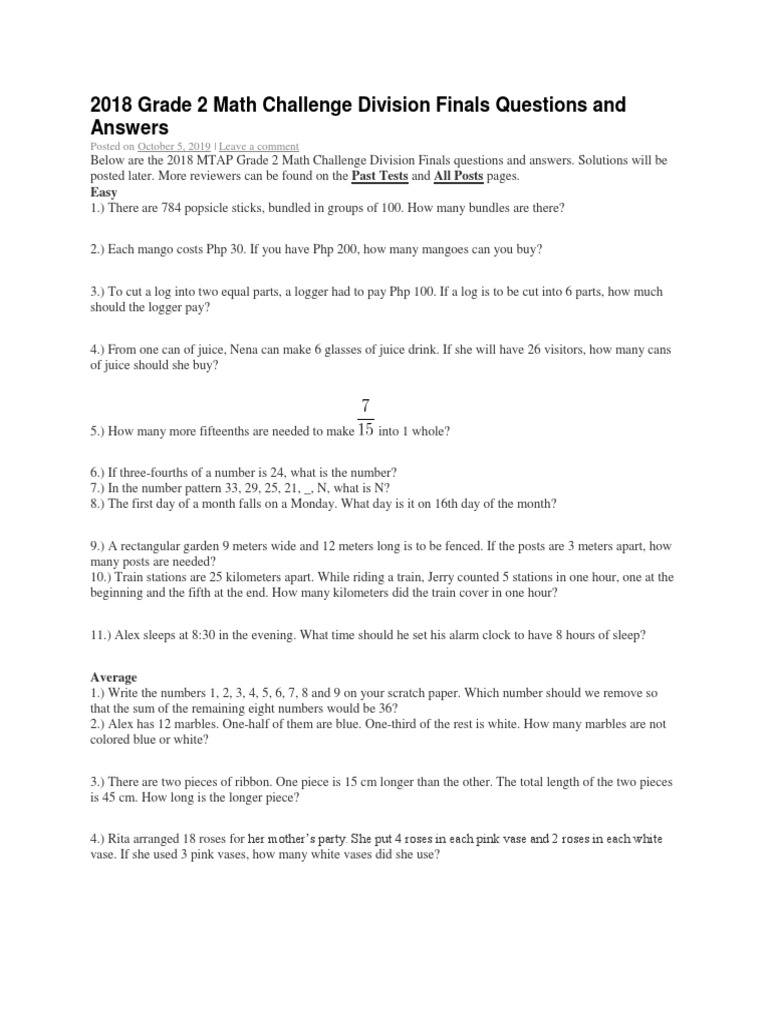 2018 Grade 2 Math Challenge Division Finals Questions and Answers | PDF