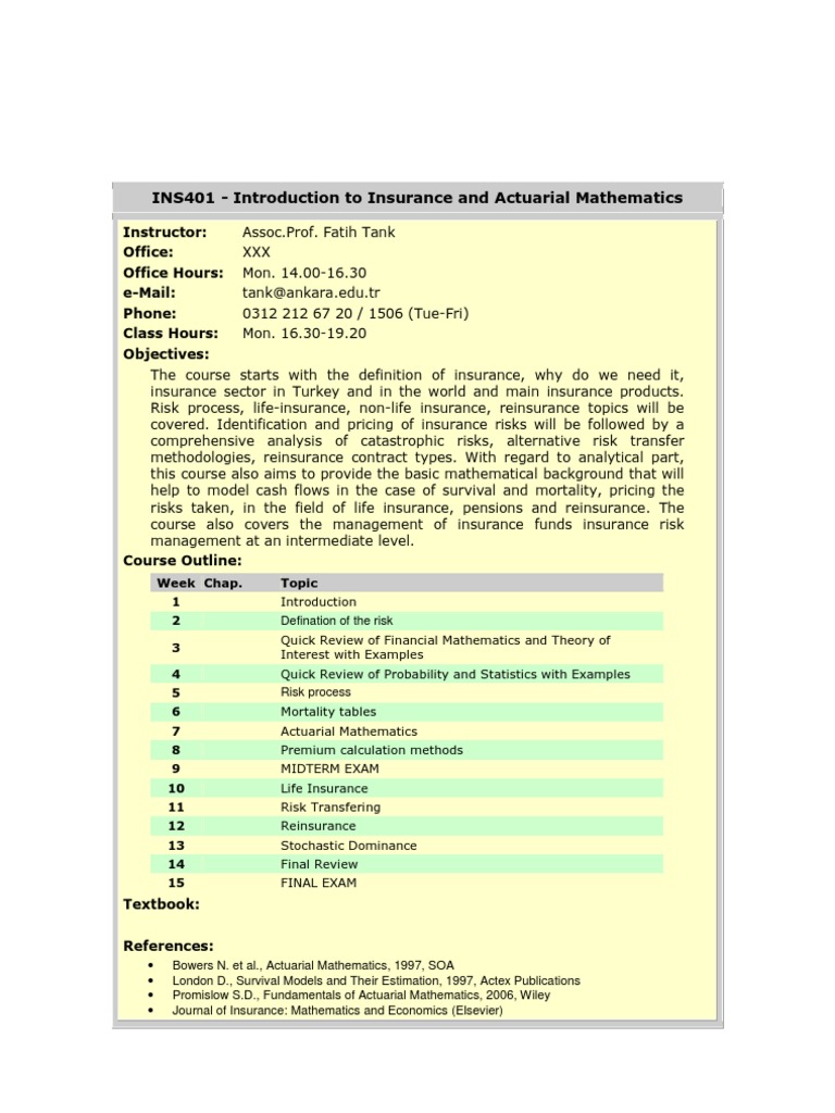 INS401 - Introduction To Insurance and Actuarial Mathematics | PDF ...