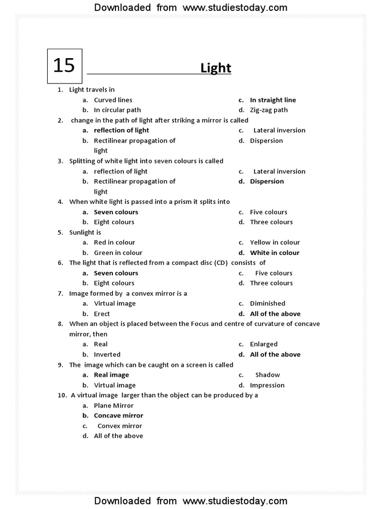 Class 7 MCQs on Light and Reflection | PDF | Mirror | Glass Applications