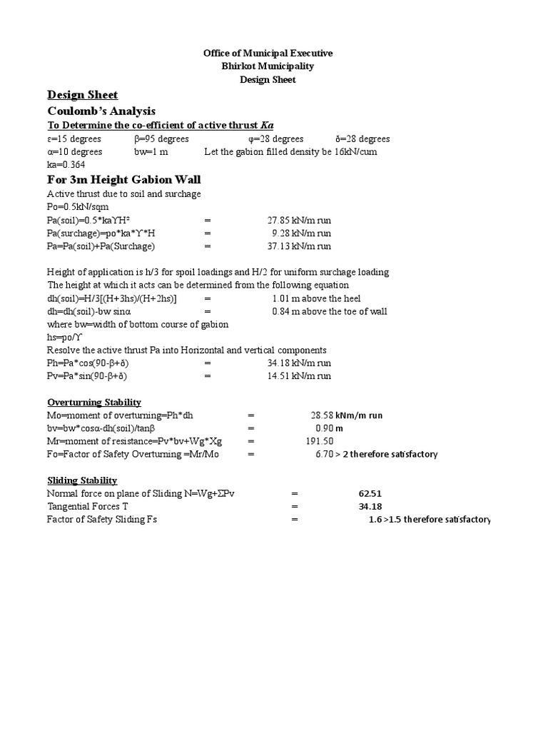 Gabion Wall Design Sheet | PDF | Civil Engineering | Mechanics