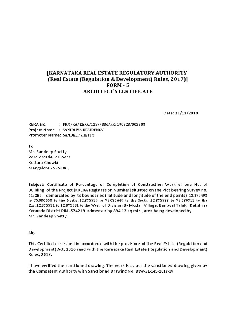 02-Form-05 - Architect Certificate | PDF | Elevator | Sanitary Sewer