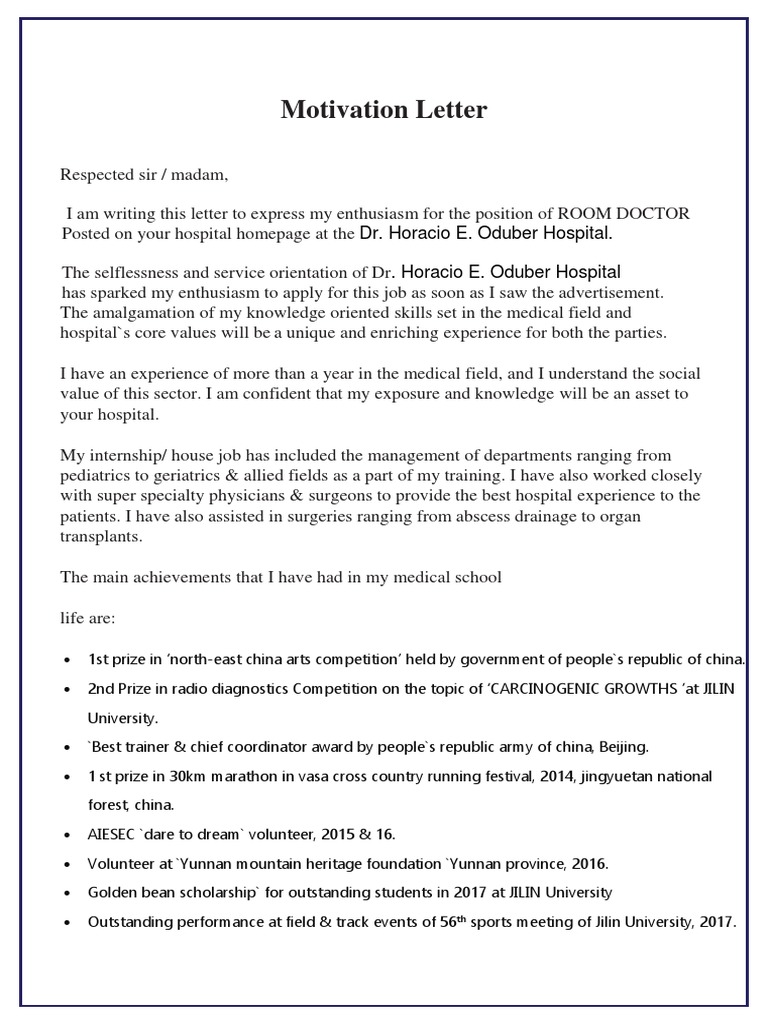 Motivation Letter For Job Application | PDF | Hospital | Physician