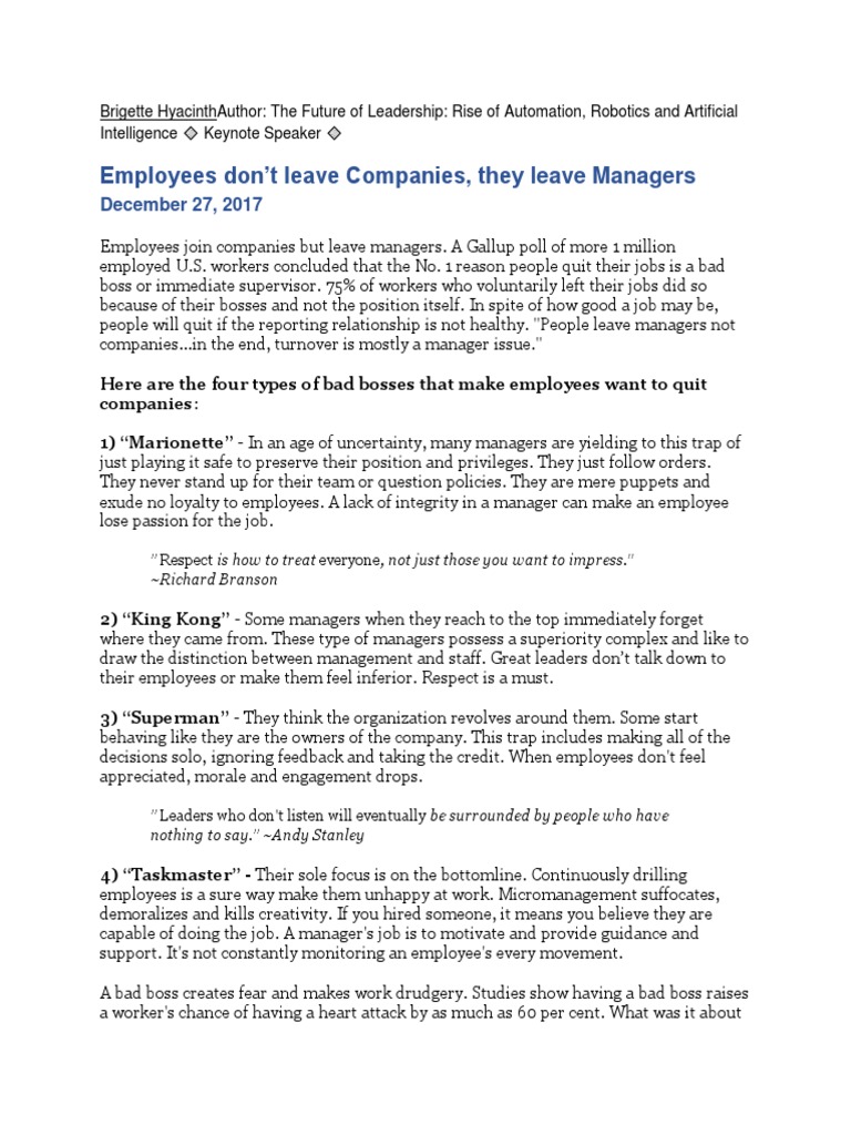 Employees Leave Managers Not Companies | PDF | Employment | Employee