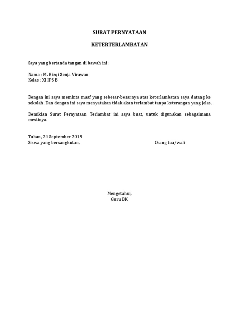 Contoh Surat Pernyataan Terlambat Datang Ke Sekolah | PDF