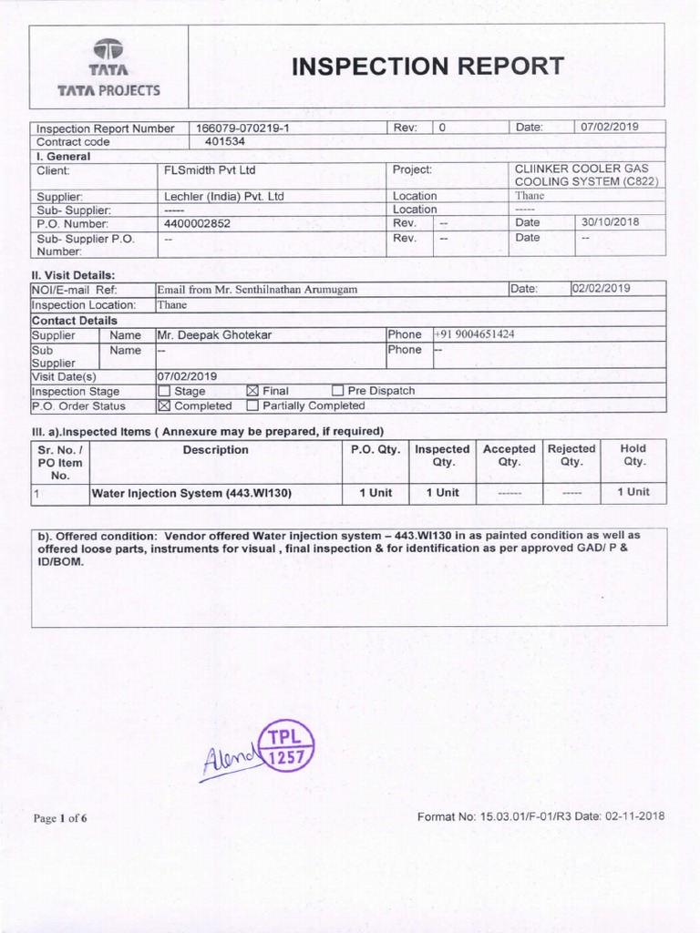 TPL Inspection Report C-822 | PDF