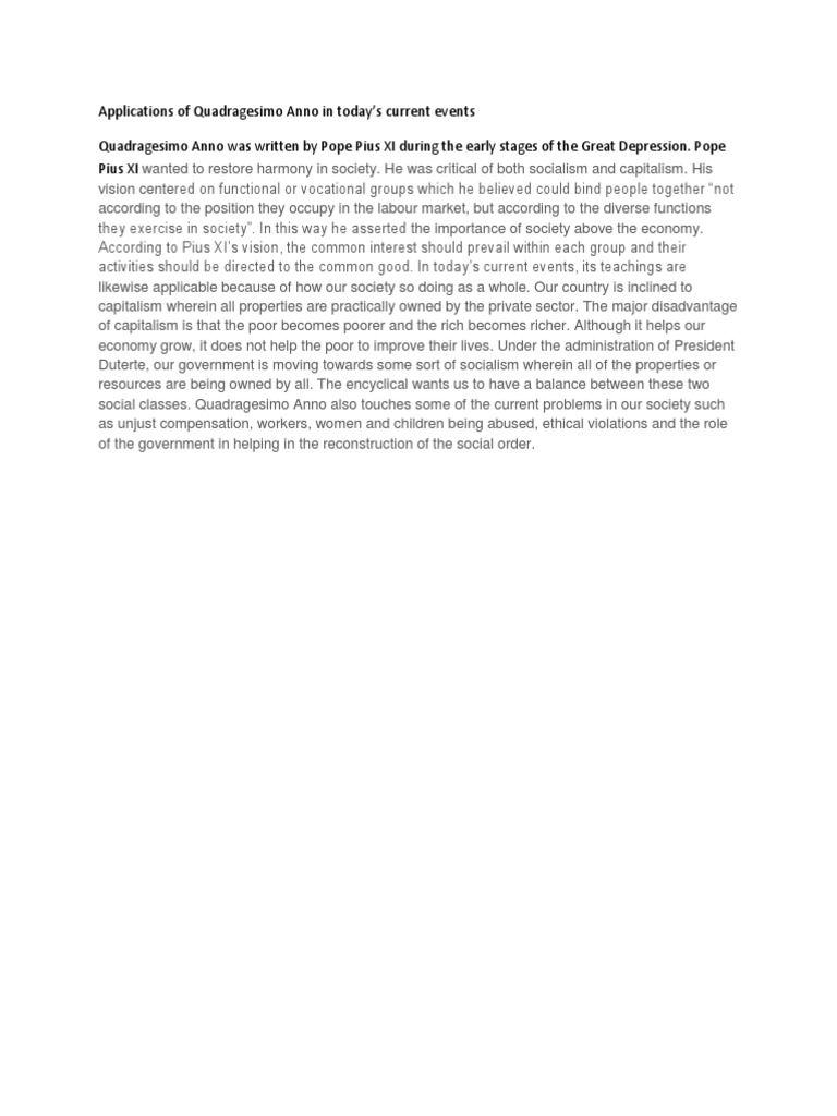 Applications of Quadragesimo Anno in Today | PDF