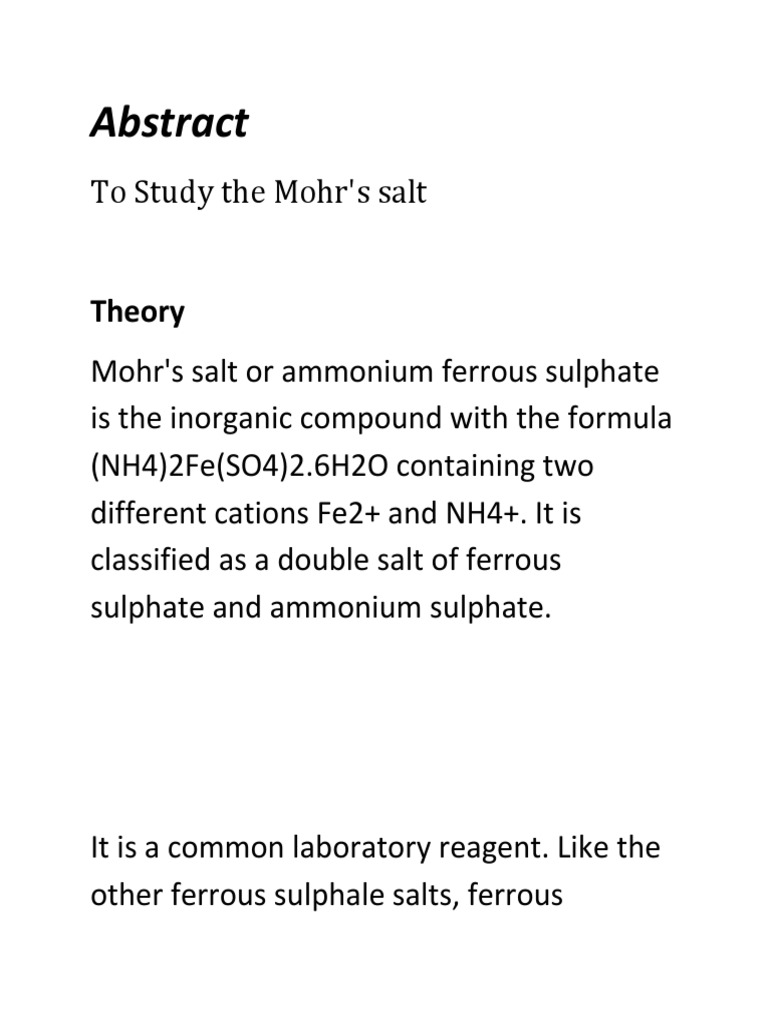 Document ON MOHR'S SALT | PDF | Ammonium | Sulfuric Acid