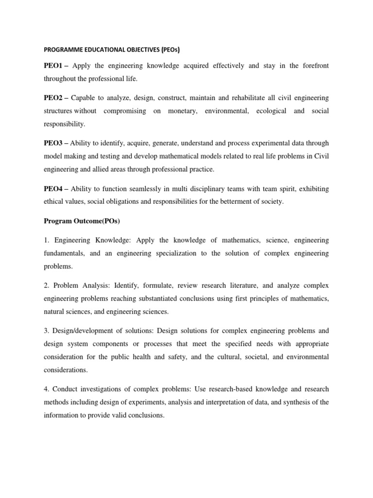 Civil Engineering Educational Objectives and Outcomes | PDF | Engineering | Design