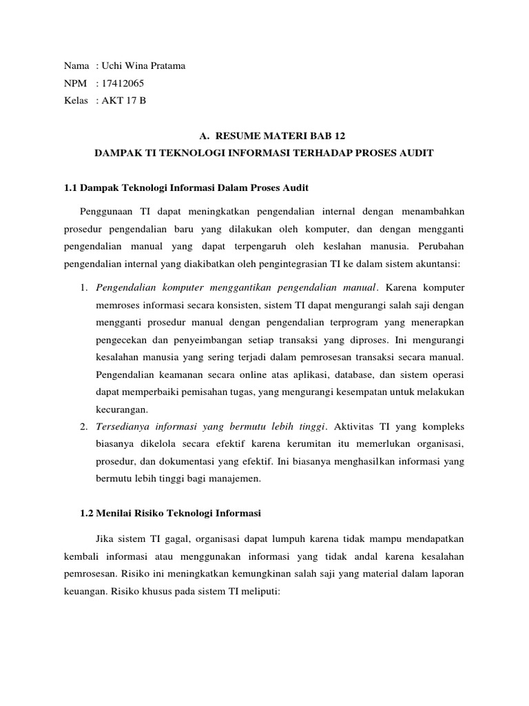 Tugas Auditing 1 - BAB 12 - Uchi Wina Pratama - 17412065 - AKT17B | PDF | Komputer