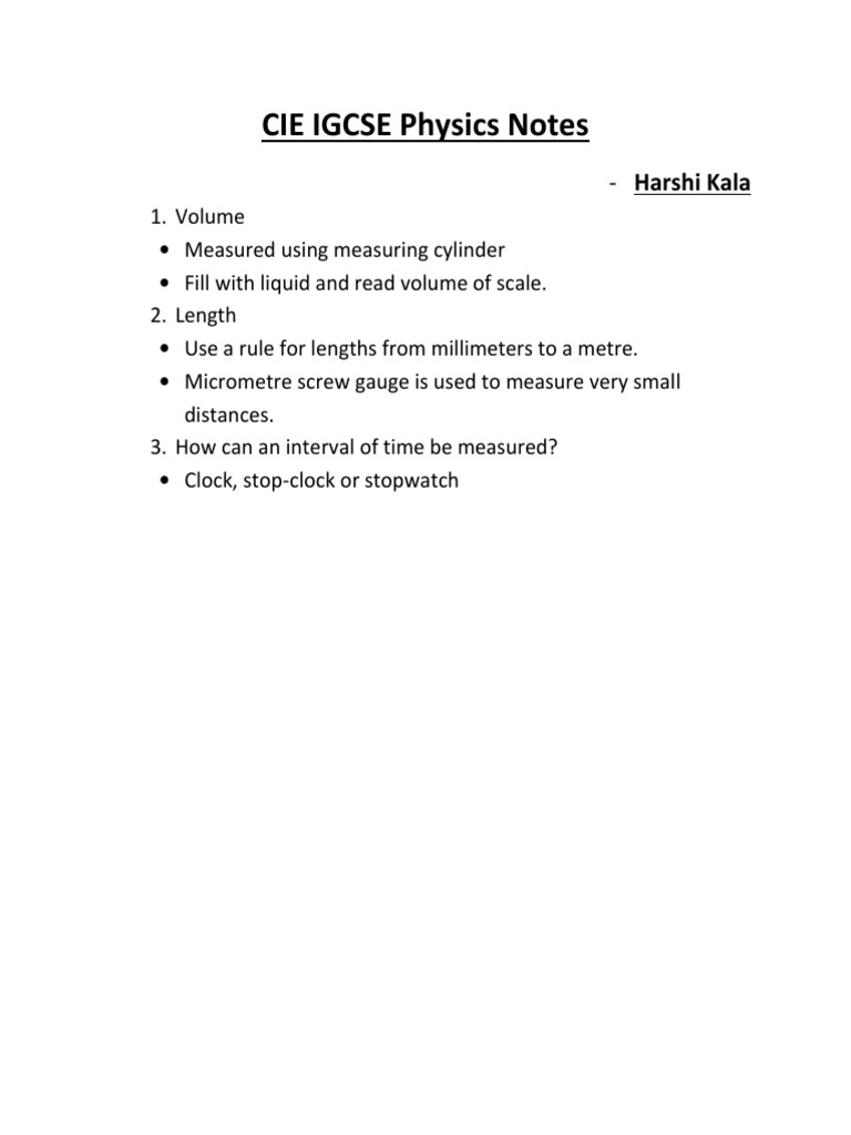 CIE IGCSE Physics Notes: Volume, Length & Time Measurement | PDF