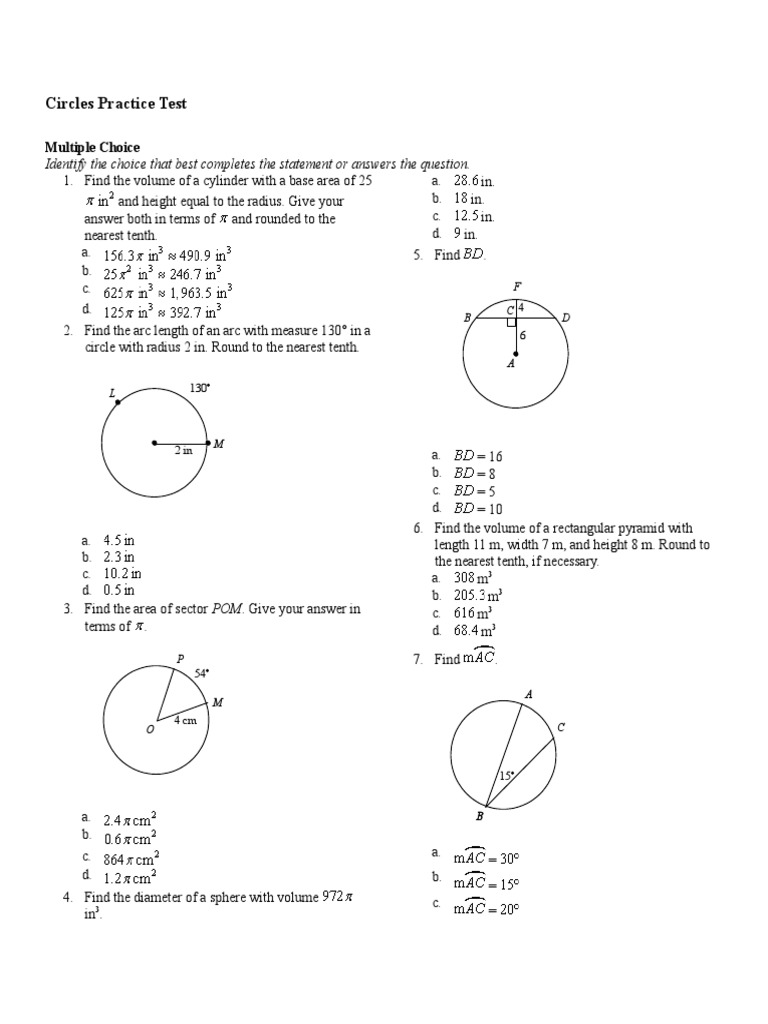 Geometry Circles Practice Test | PDF | Circle | Area