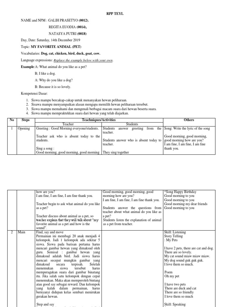 TEYL Lesson Plan: Favorite Pets | PDF | Domesticated Animals | Animals ...