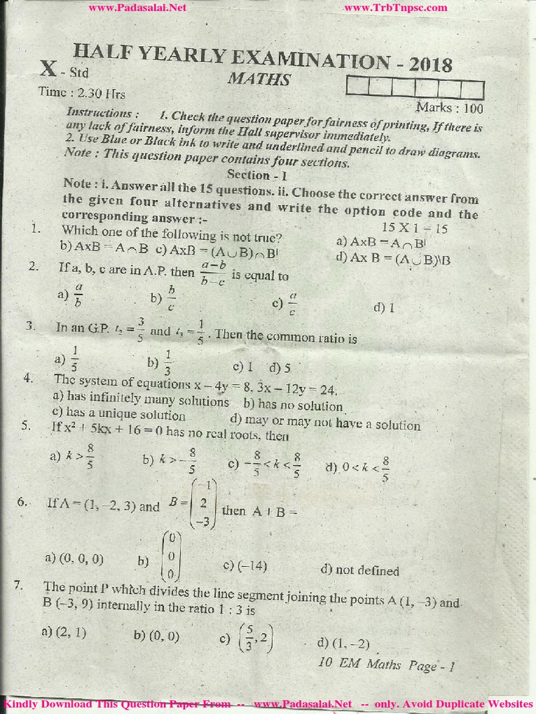 10th Maths Question Paper For Half Yearly Exam 2018 English Medium | PDF