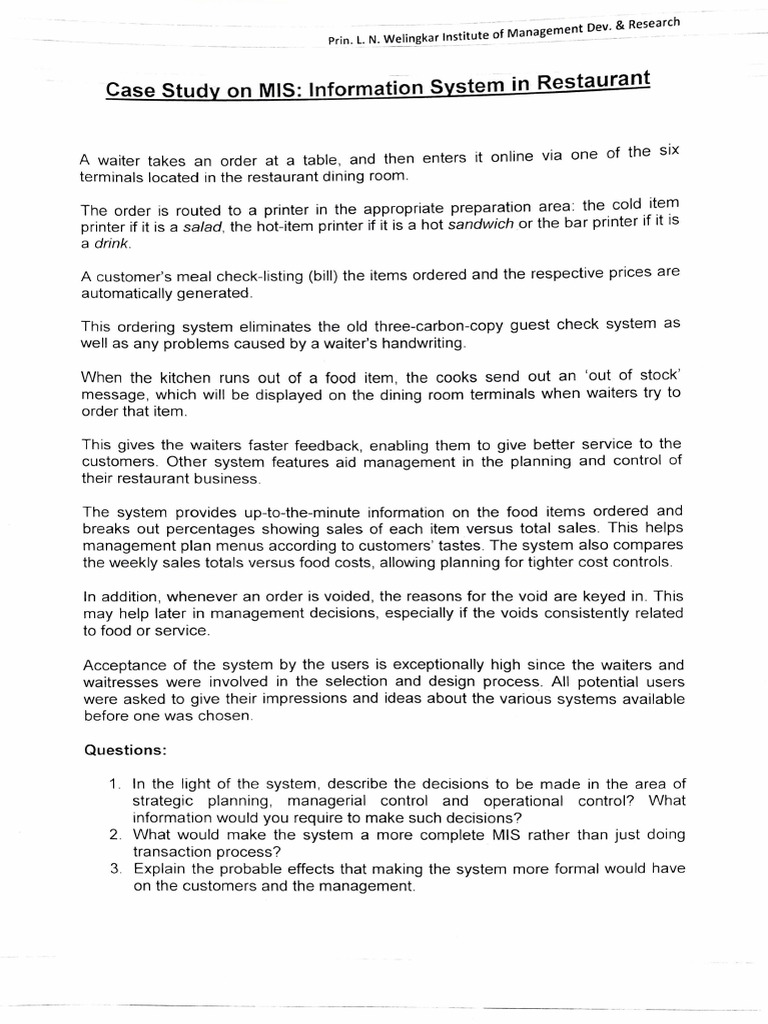 Mis Case Study | PDF | Restaurants | Waiting Staff
