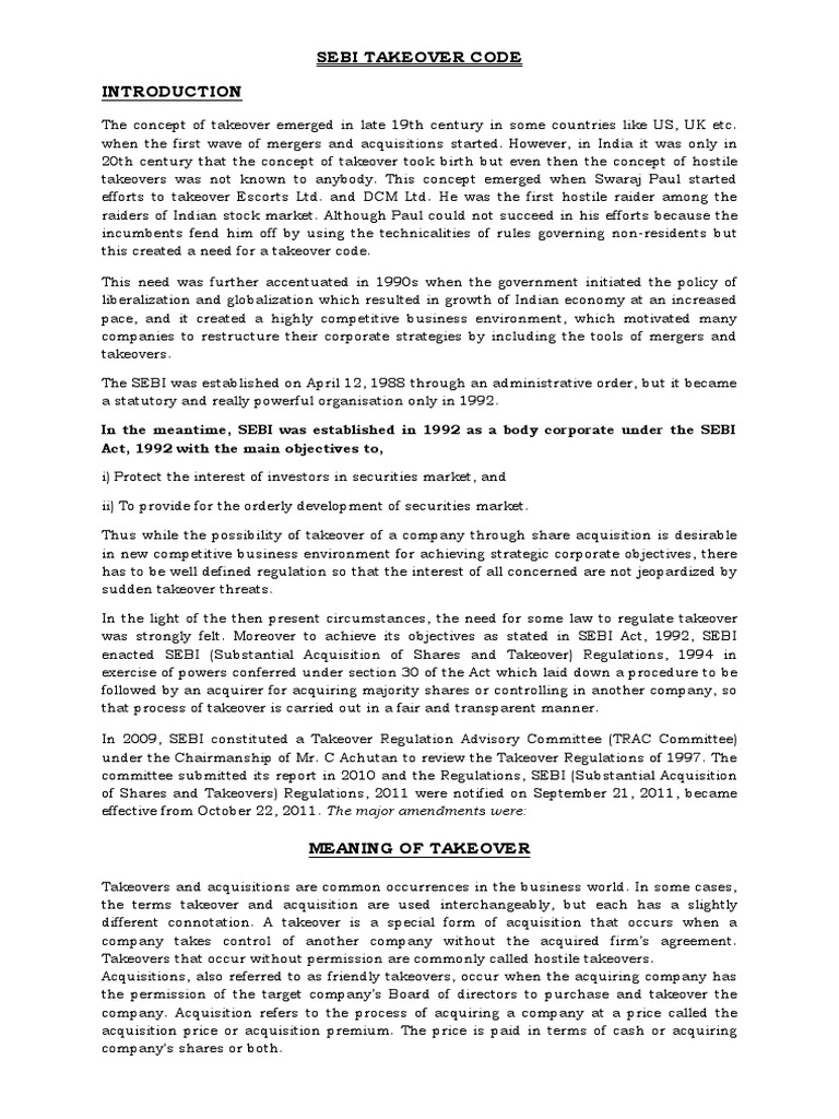 Introduction - SEBI Takeover Code | PDF | Takeover | Stocks