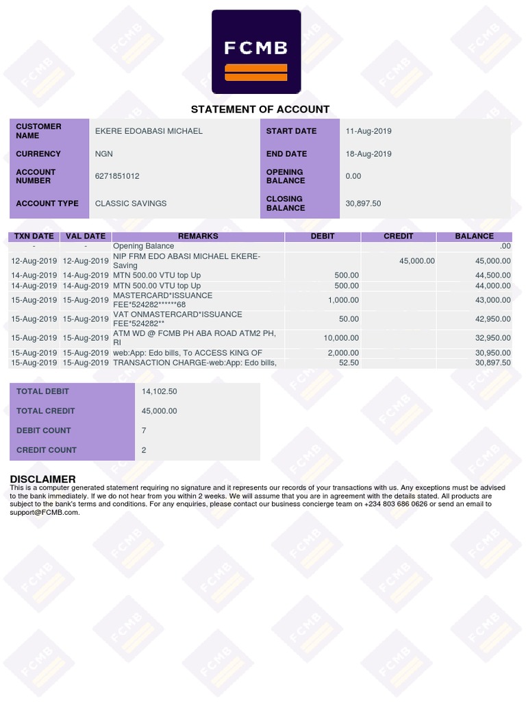 11 Aug 2019 To 18 Aug 2019 FCMB Statement | PDF | Debit Card | Debits ...