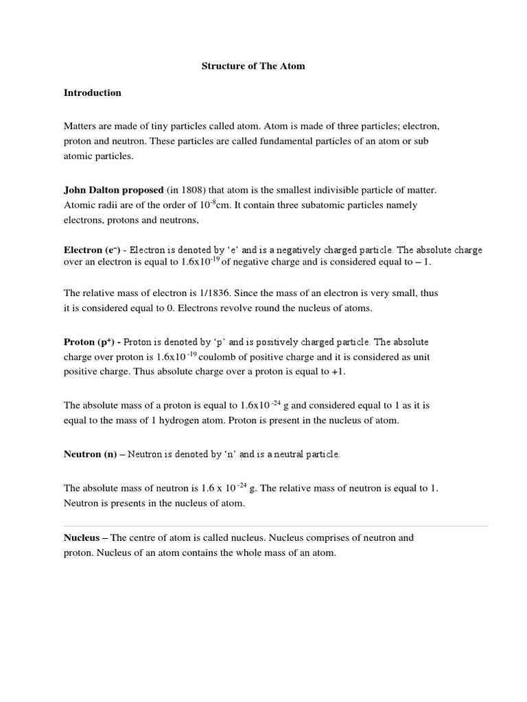 Structure of The Atom Class 9 | PDF | Atoms | Atomic Nucleus